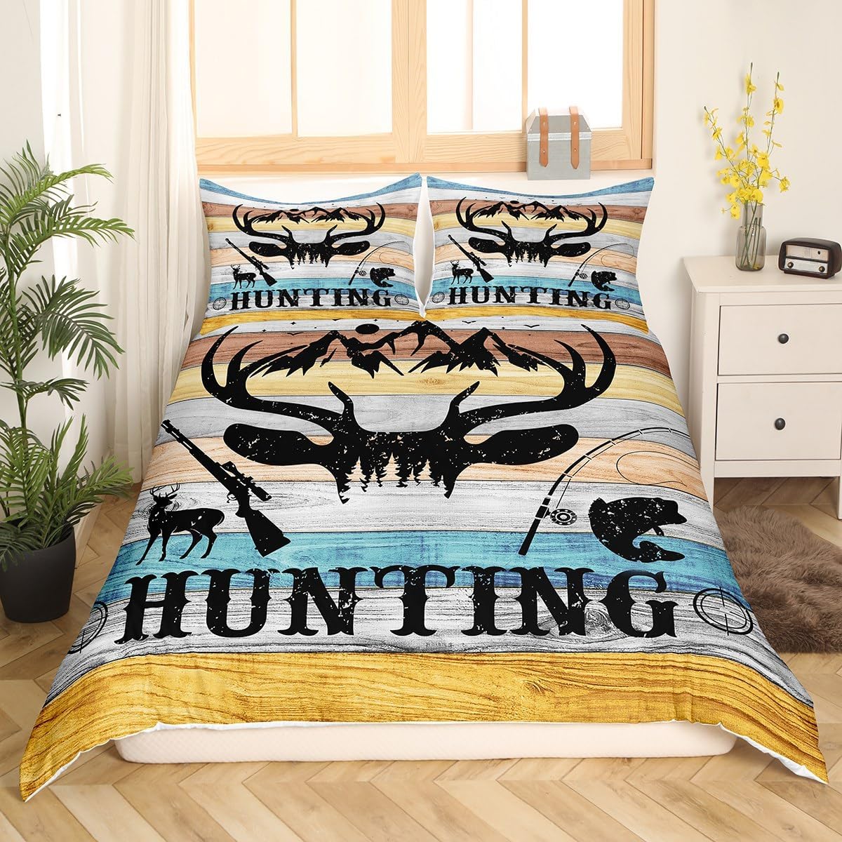 Hunting Themed Bedding Rustic Farmstyle Bedding Set Wild Animal Deer Big Pike Fish Silhouette ...