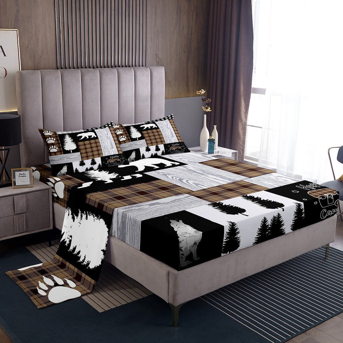 Hunting Wolf Bear Bed Sheets Twin,Woodland Animal Rustic Cabin Sheet ...