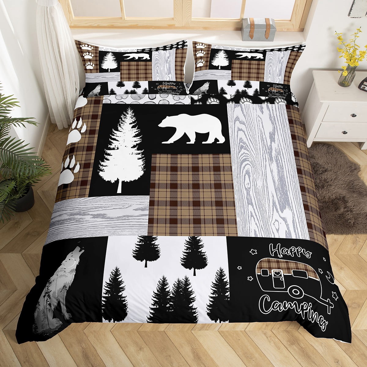 Hunting Wolf Bear Duvet Cover Twin Size,Woodland Animal Rustic Cabin ...