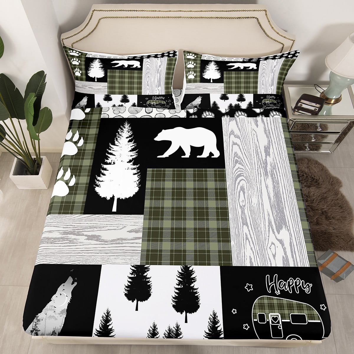 Hunting Wolf Bear Fitted Sheet Twin Size,Woodland Animal Rustic Cabin ...