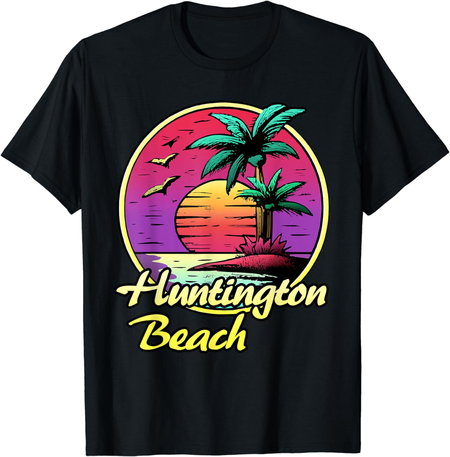 Huntington Beach. 80s Palm Sunset. Tropical Beach Summer. T-Shirt ...