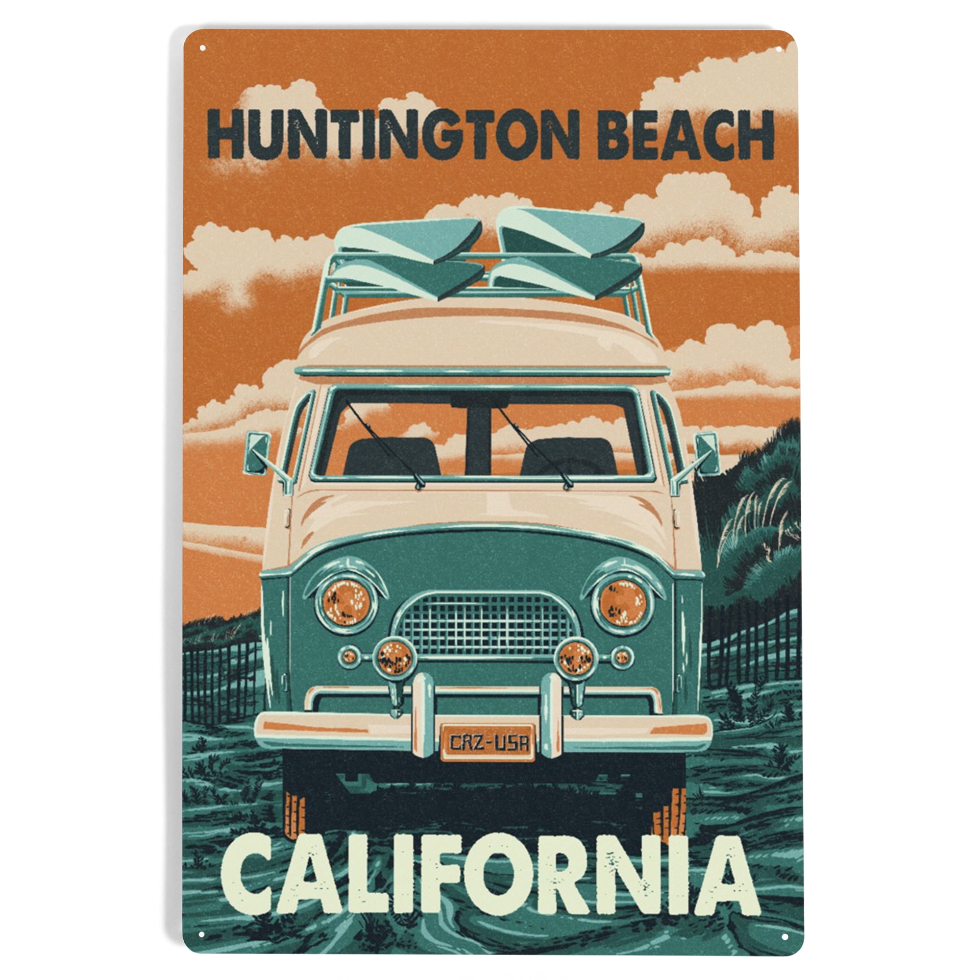 Huntington Beach, California, Camper Van, Letterpress (12x18 Aluminum ...