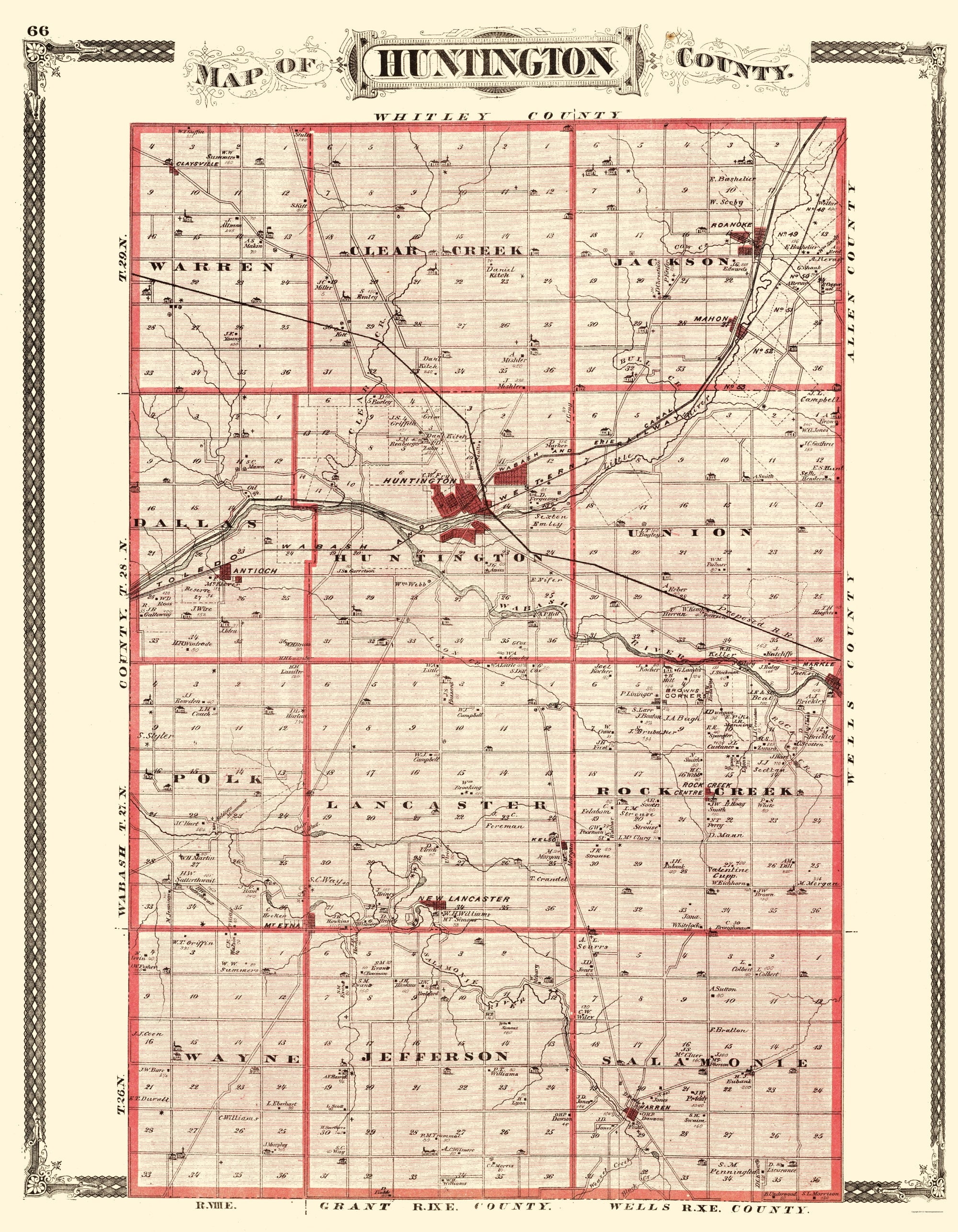 Historic County Map - Huntington County Indiana - Baskin 1876 - 23 x 29 ...