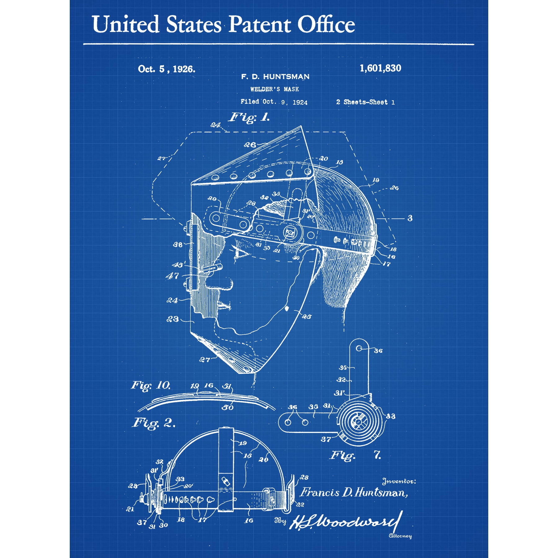 Huntsman Welder's Face Mask 1926 Patent Plan Extra Large XL Wall Art ...