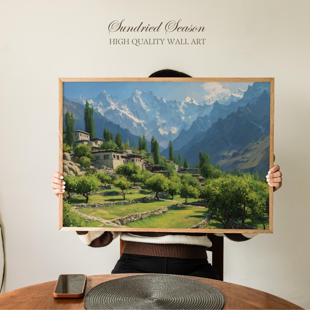 Hunza Valley Mountain Village Art Print, Lush Green Terrace Landscape ...
