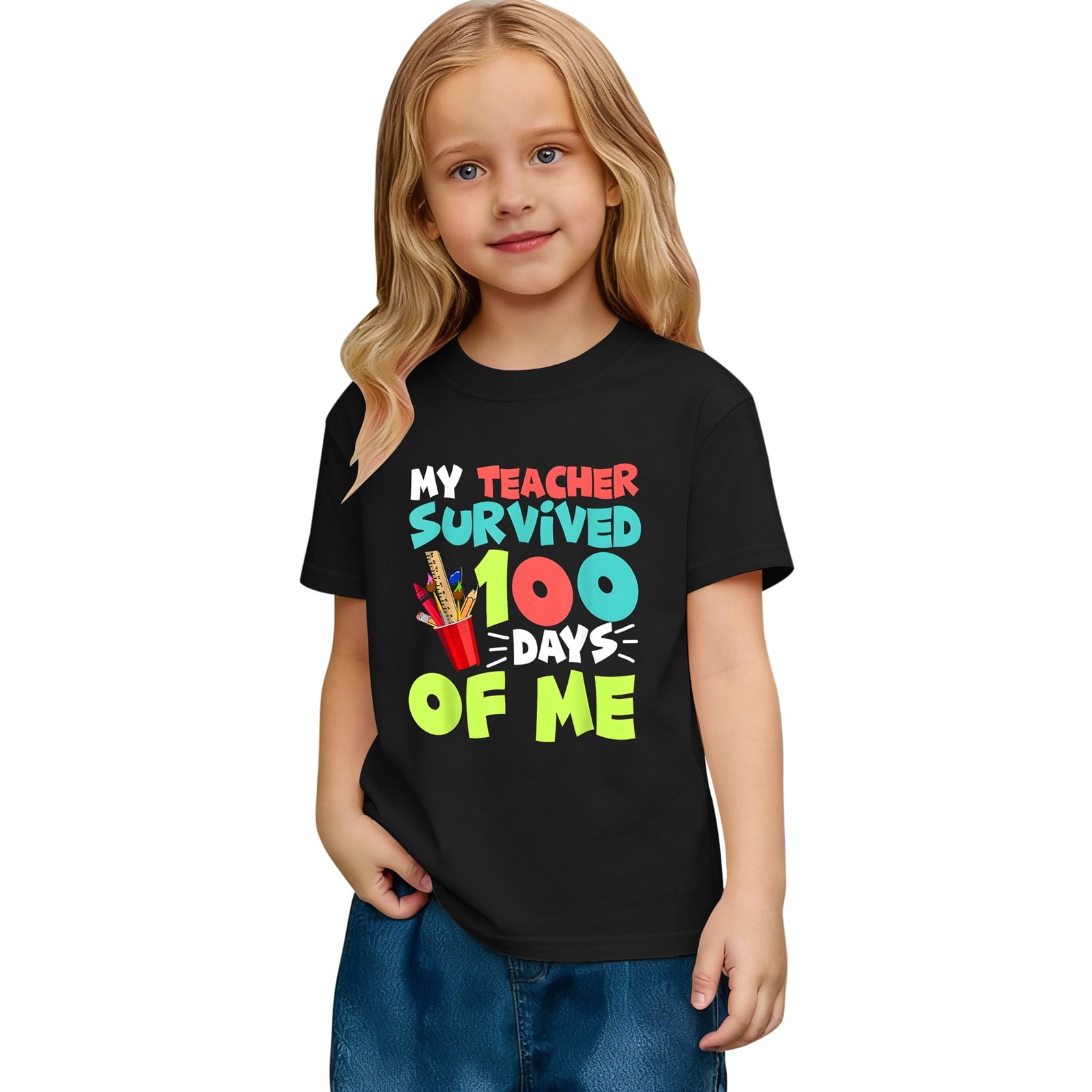 Huowey Boys Girls Graphic T-Shirt Print 100 Days Of School Letter Print ...