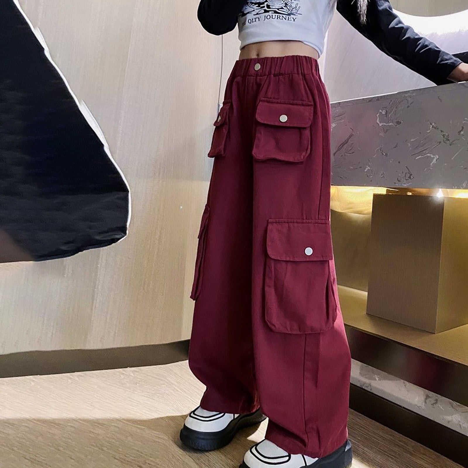 Huowey Girls Cargo Pants Casual Straight Wide Leg Baggy High Waisted ...