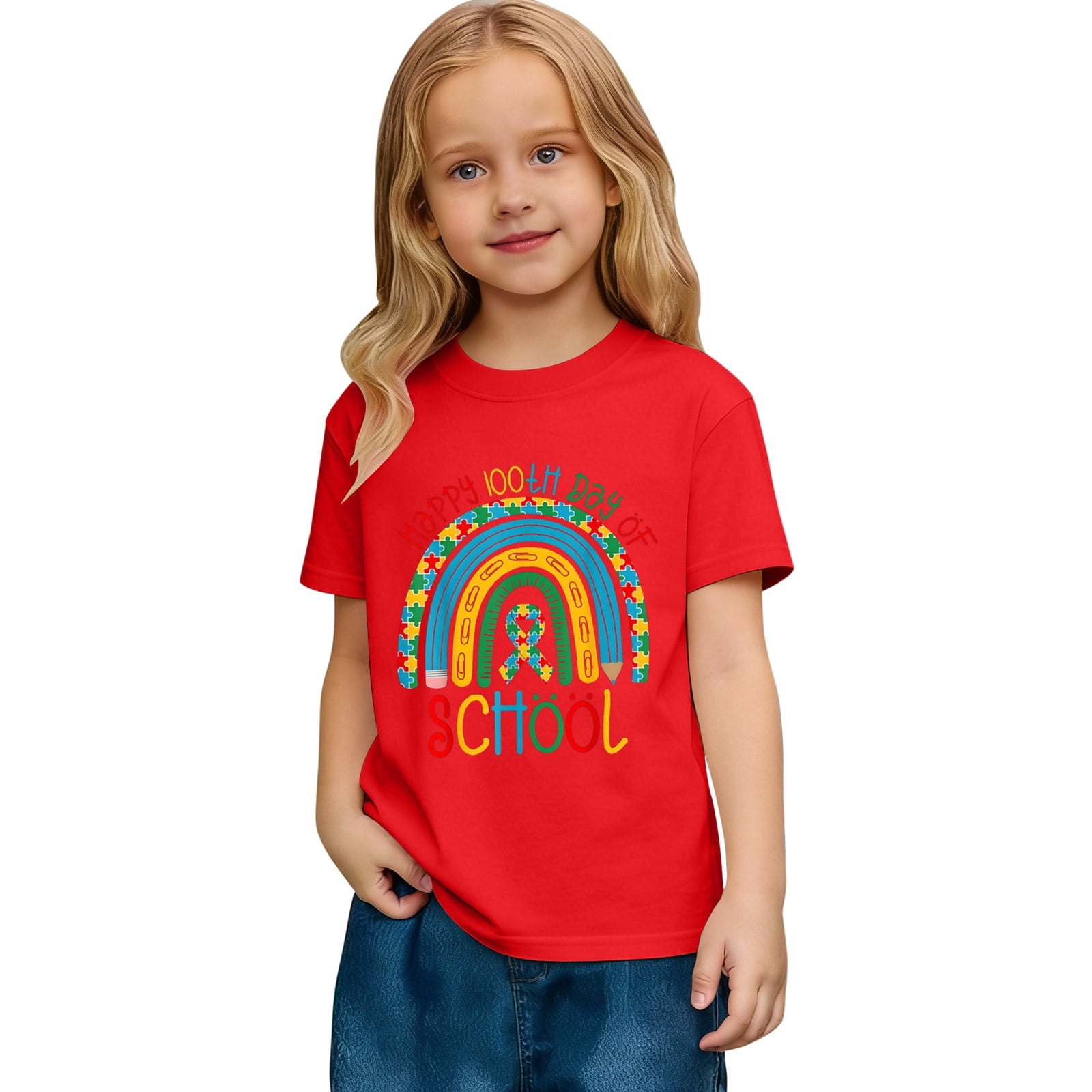 Huowey Girls Fashion Happy 100Th Day Of School Shirts Letter Print ...