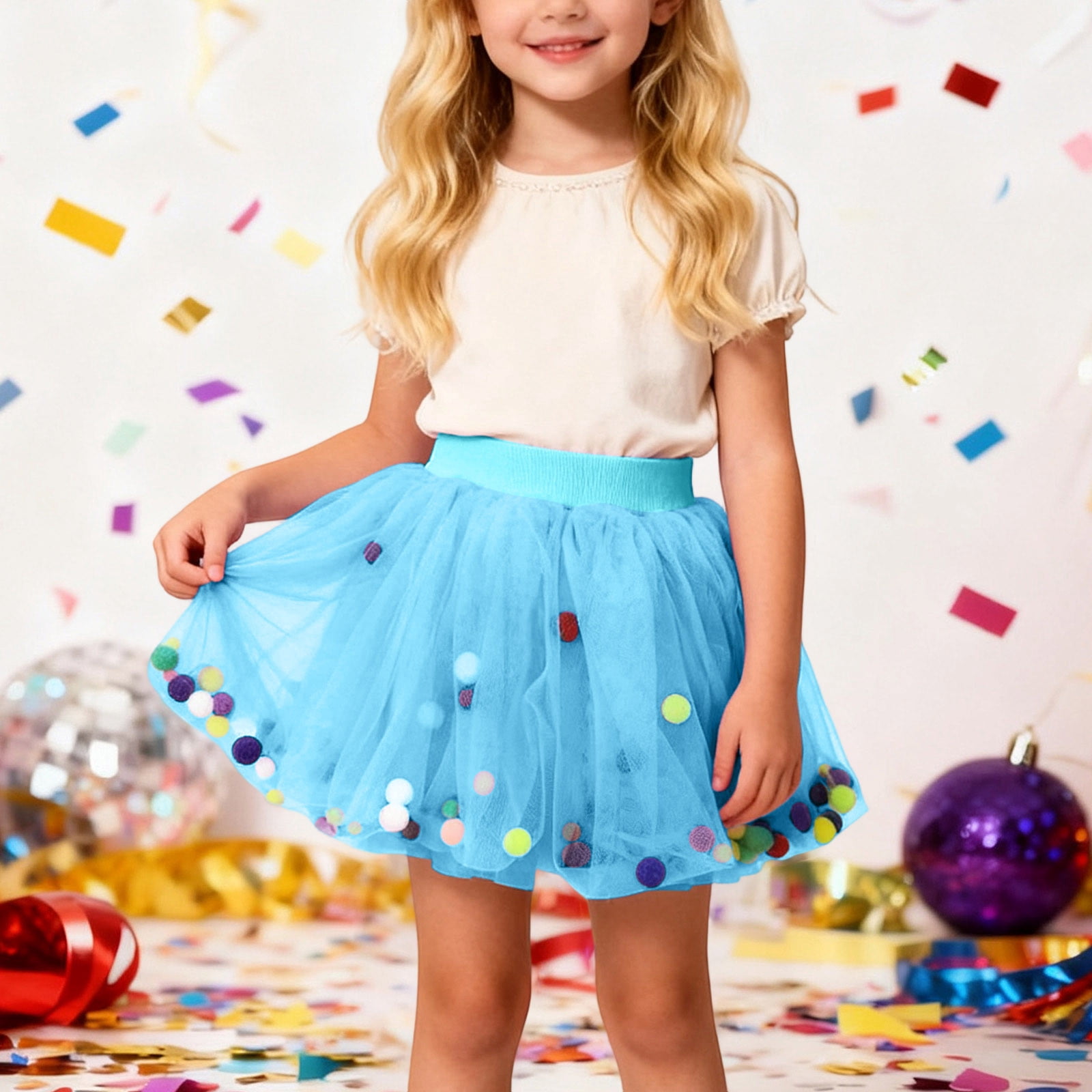 Huowey Kids Girls Dance Tutu Skirts High Waist Pom Pom Ruffles Tulle ...