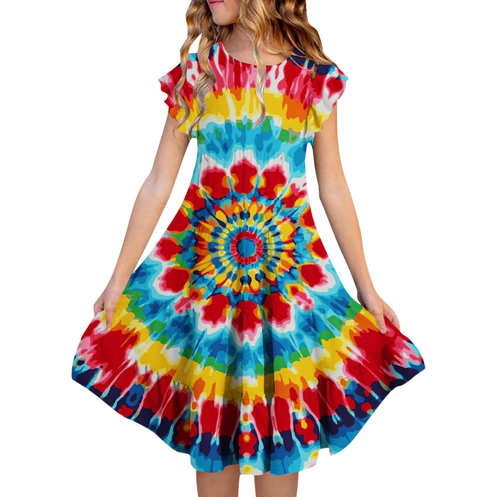 Huowey Kids Girls Summer Dresses Tie Dye Double Layer Flutter Sleeve ...