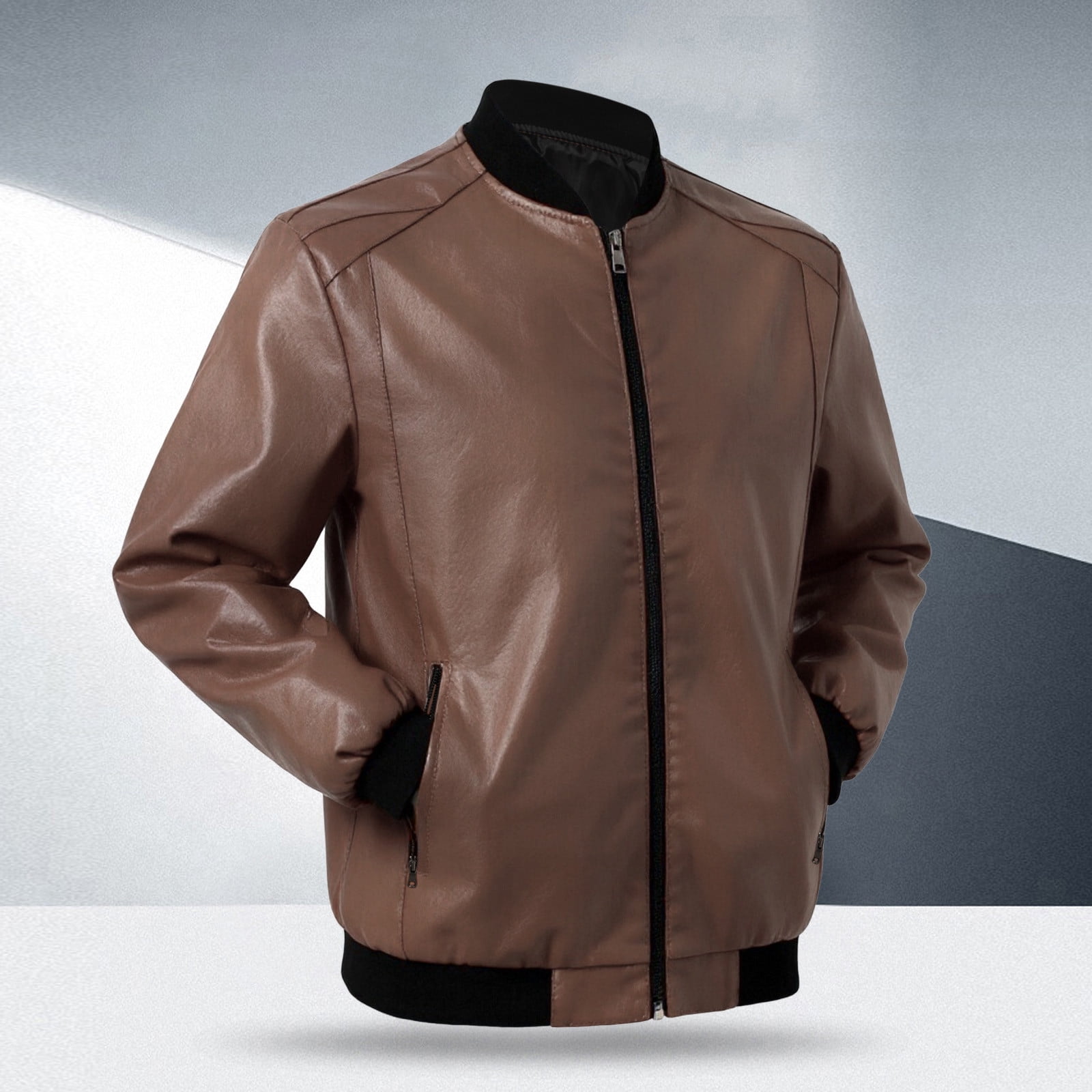 Huowey Mens Casual Leather Jacket Slim Fit Full Zip Up Stand Collar ...