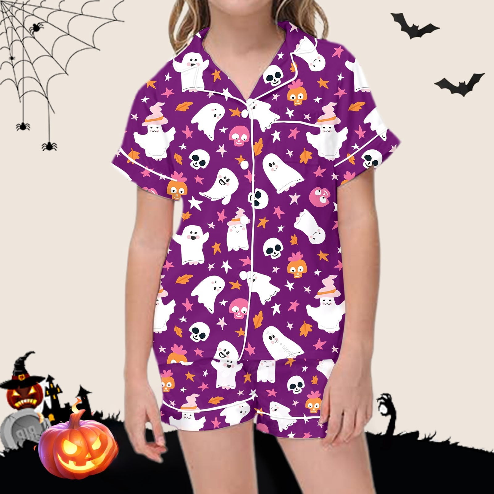 Huowey Toddler Girls Halloween Pajamas Short Set Soft Satin Button Down ...