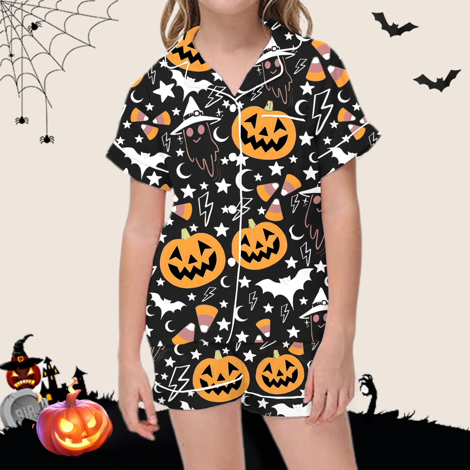 Huowey Toddler Girls Halloween Pajamas Short Set Soft Satin Button Down ...