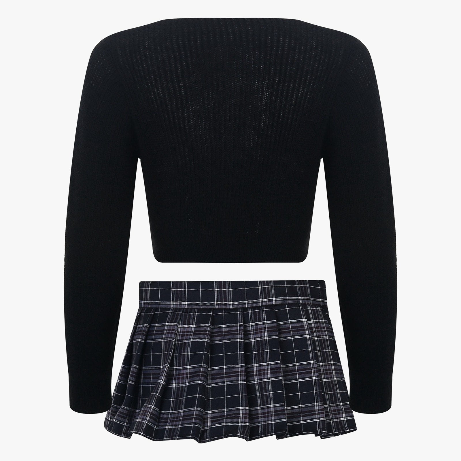 Huowey Women Plaid Pleated Skirt Set Solid Color Knit Scoop Neck Long ...