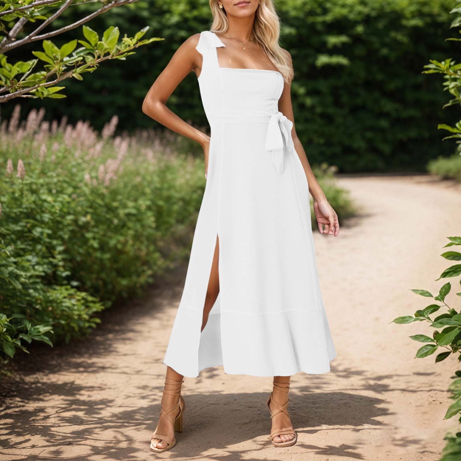 Huowey Women'S Long Dress Bridesmaid Solid Color Sleeveless Bow Square ...