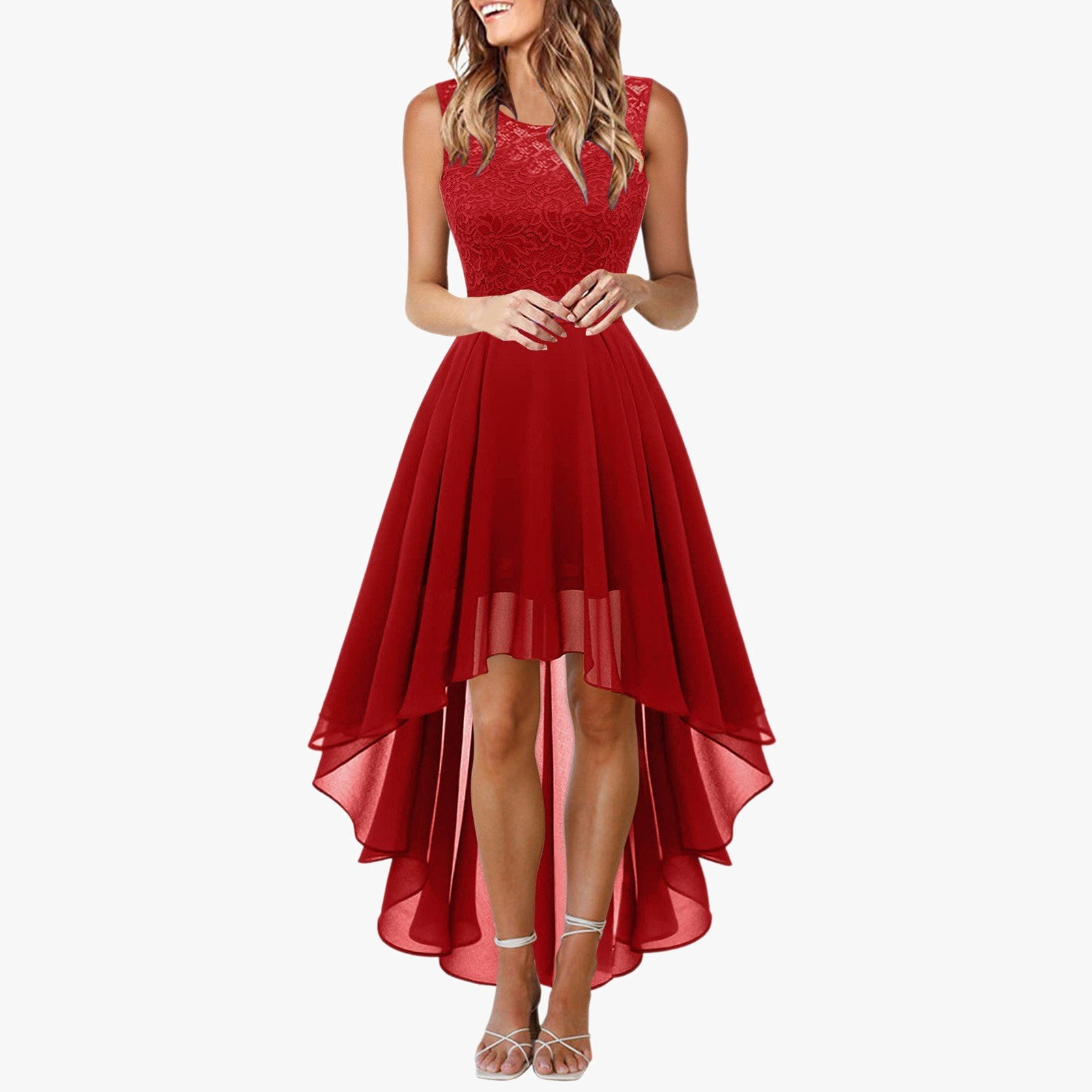 Huowey Women'S Midi Dress Solid Color Lace Embroidery Sleeveless ...