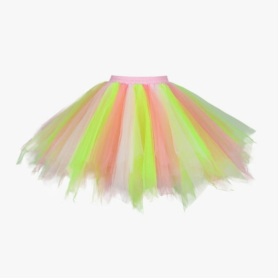 Huowey Women Tutu Mini Skirt Elastic Waist Pleated Mesh Rainbow Ruffles ...