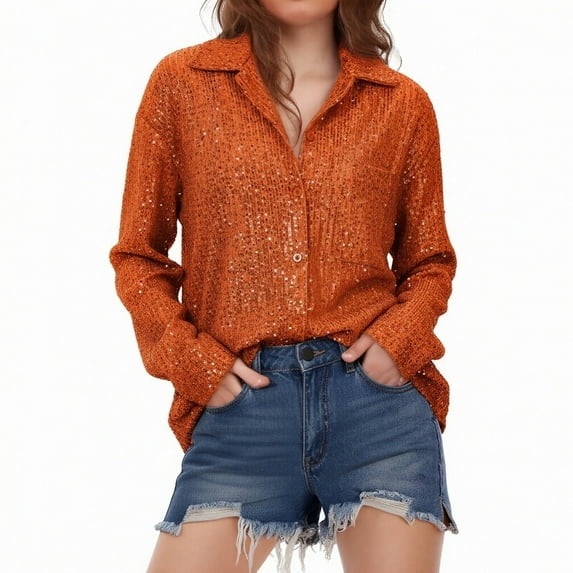 Huowey Womens Fashionable Sequin Button Shirts Solid Color Loose Fit ...