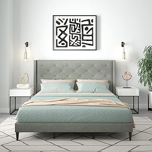 Huppe Upholstered Platform Bed Frame/Button Tufted MCM Wingback ...