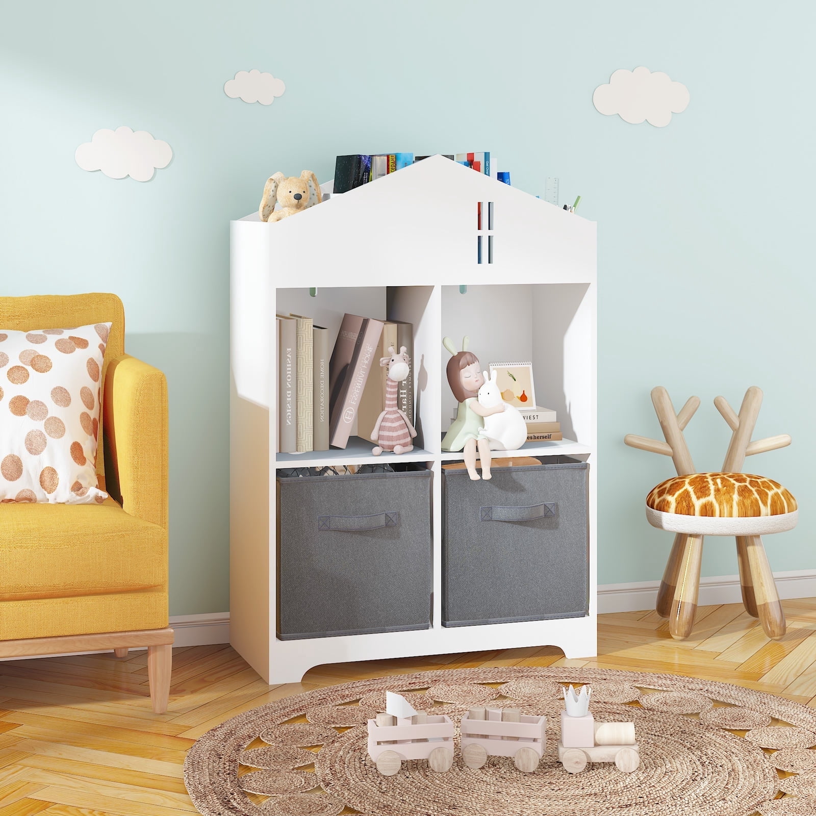 Huracan Kids Dollhouse Bookcase with Storage, 2-Tier Storage Display ...