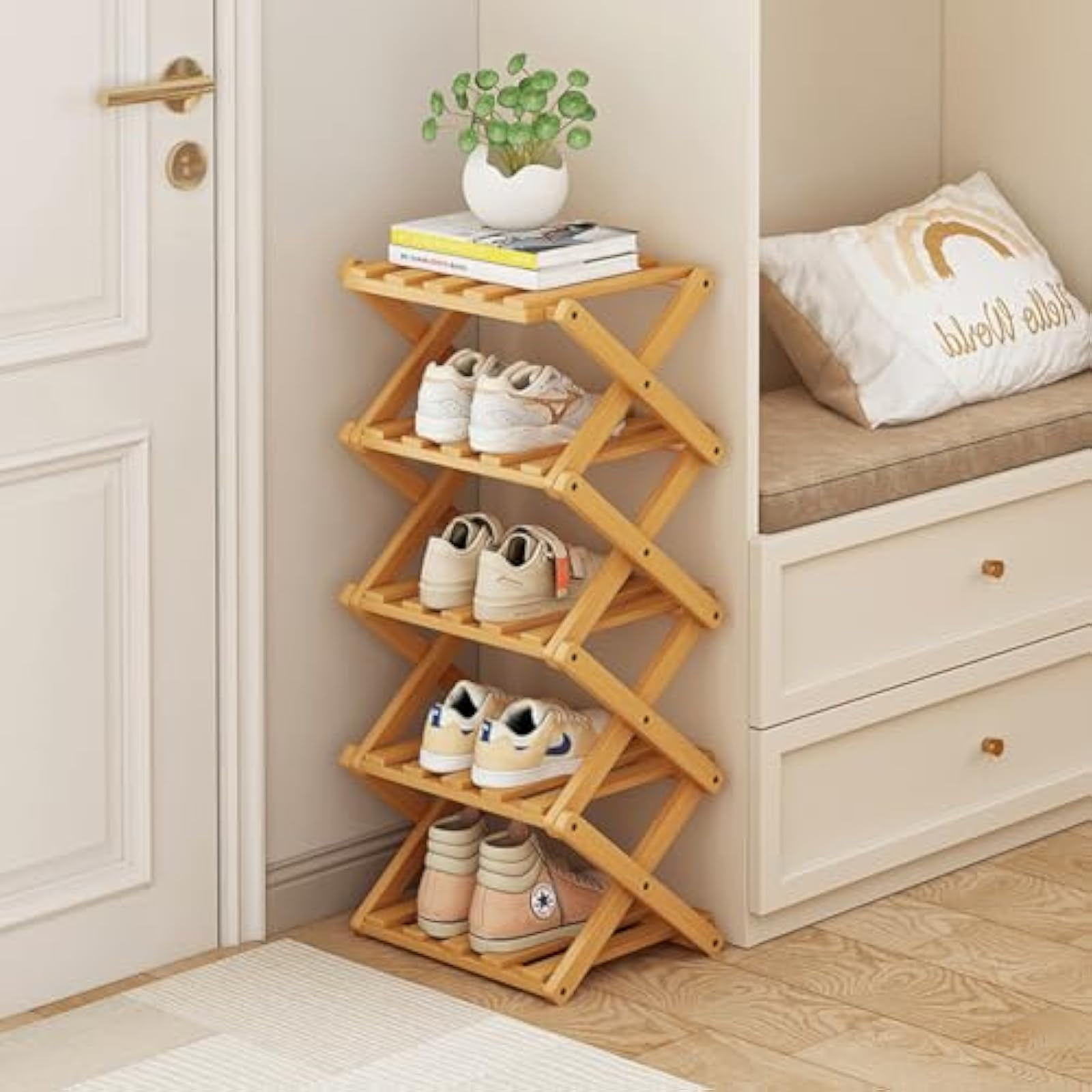 Hurber 5-Layers Foldable Shoes Rack, Installation-Free Bamboo Shoe ...