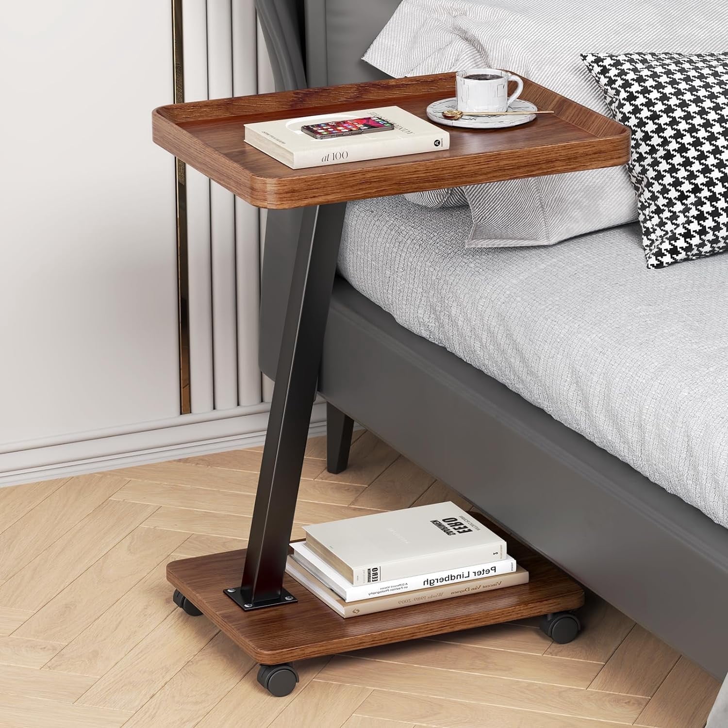 Hurber C Shaped Side Table, 360°Swivel Tea Table with Wheels, Walnut ...