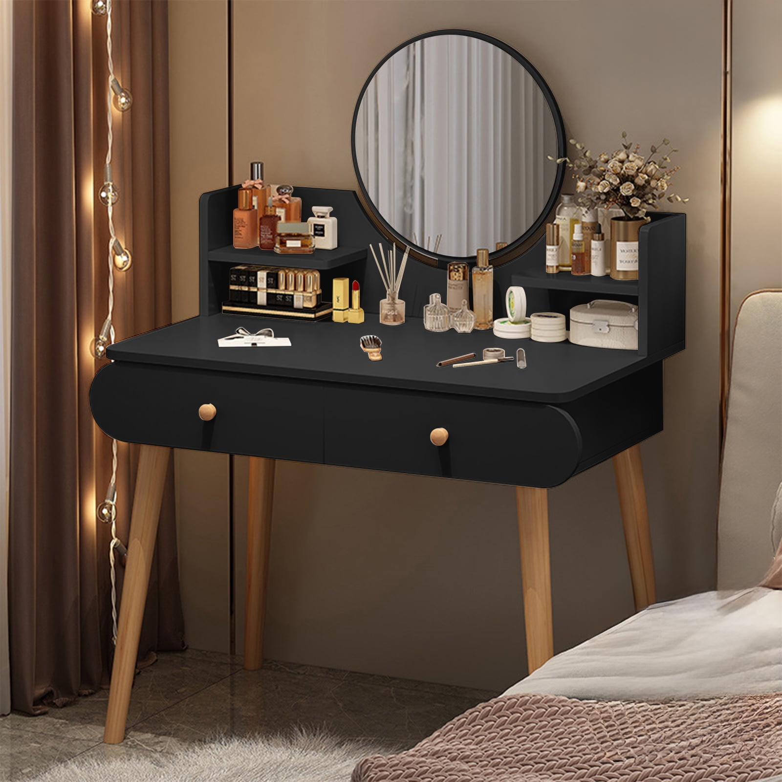 Hurber Wood Vanity Table Set with Mirror, 2 Drawers & 2 Shelves, Black ...