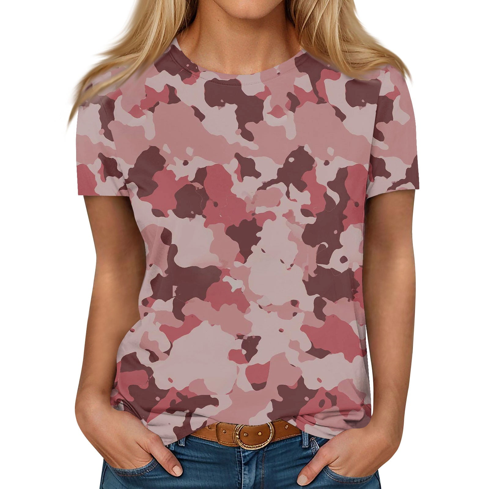 Huresd Camo Womens Casual Crew Neck Tshirt Smooth Fashion Short Sleeve ...