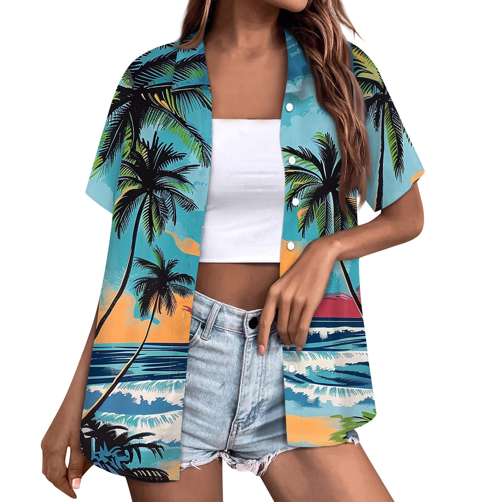 Huresd Hawaiian Shirts for Women Palm Tree Print Button Down Collar ...