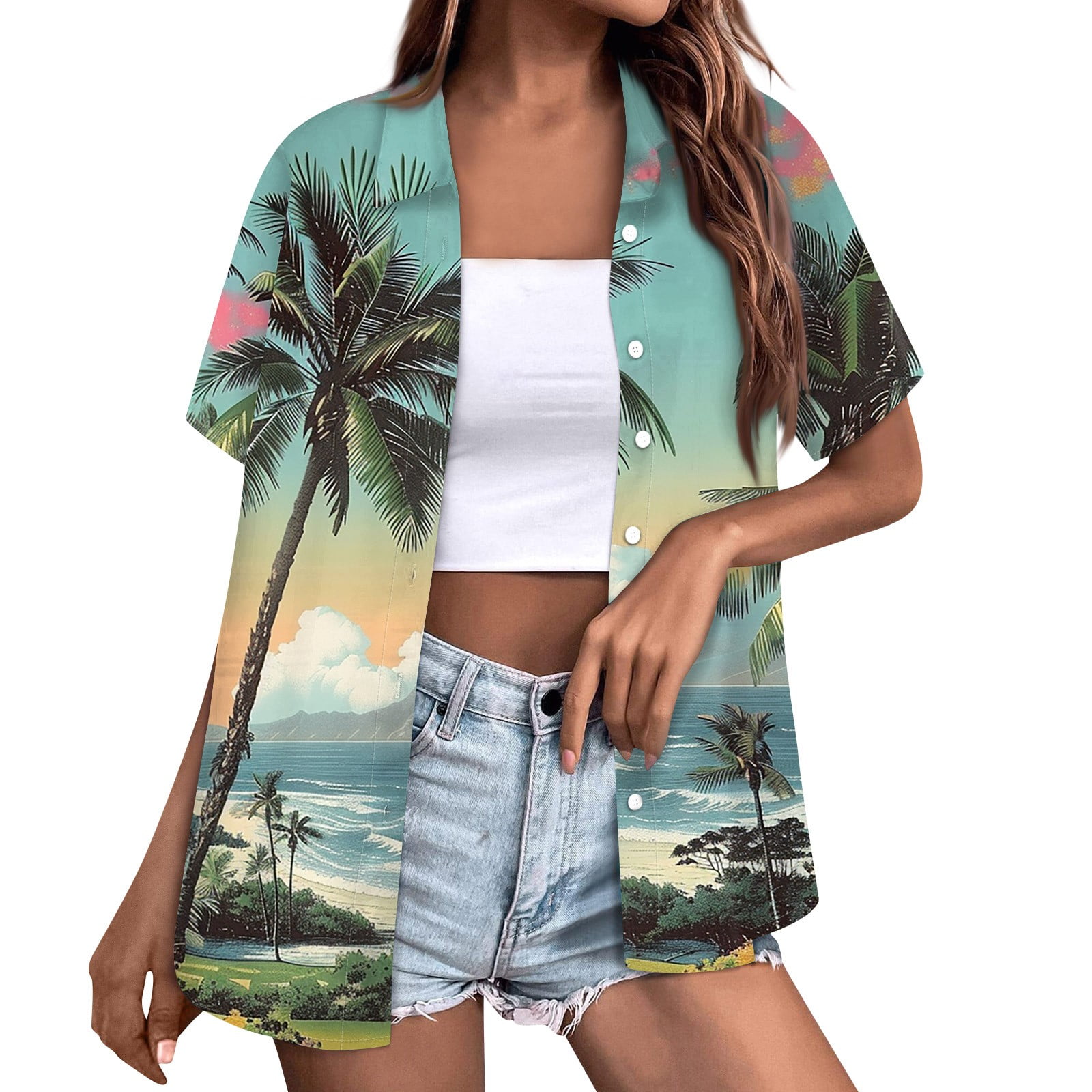 Huresd Hawaiian Shirts for Women Palm Tree Print Button Down Collar ...