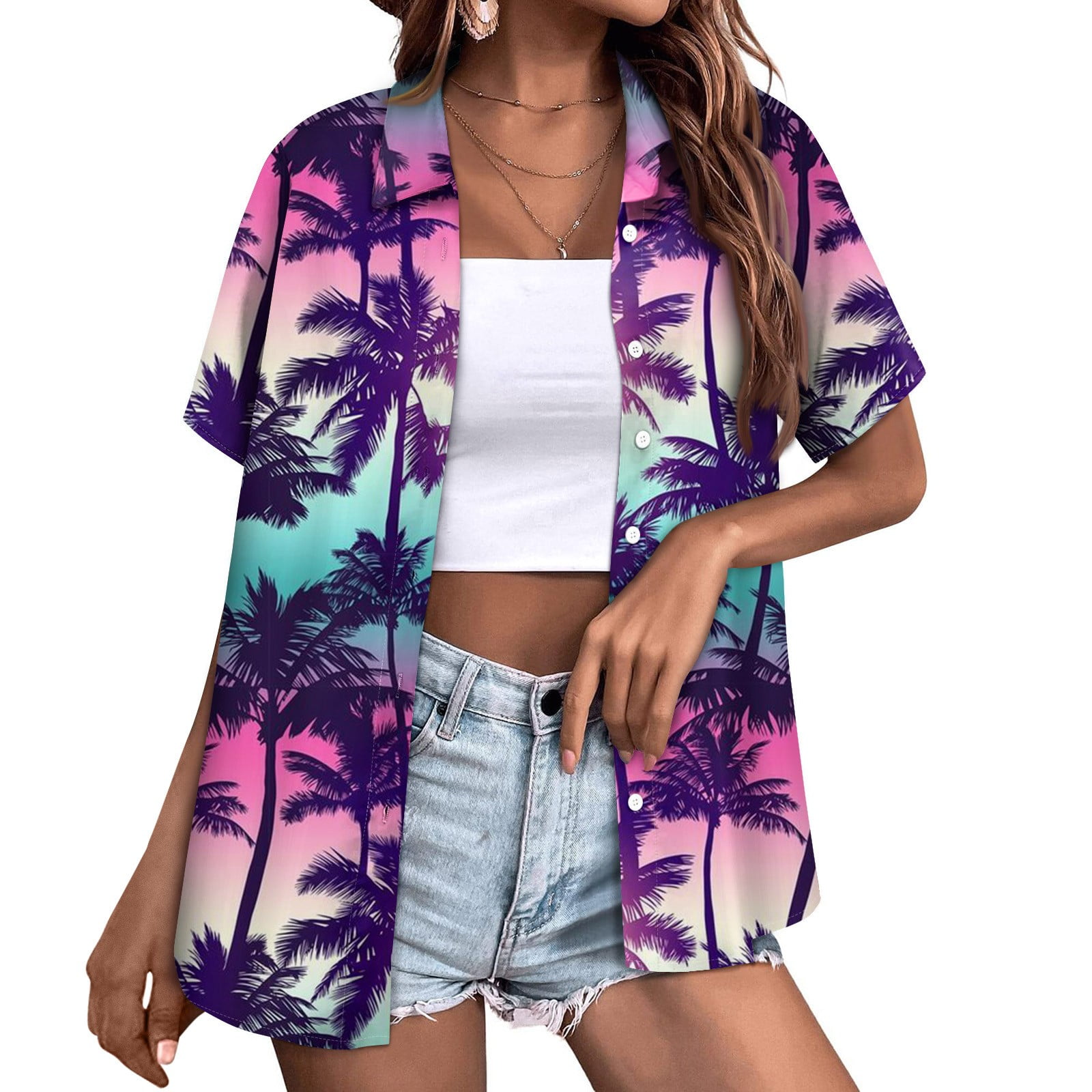 Huresd Hawaiian Shirts for Women Palm Tree Print Button Down Collar ...