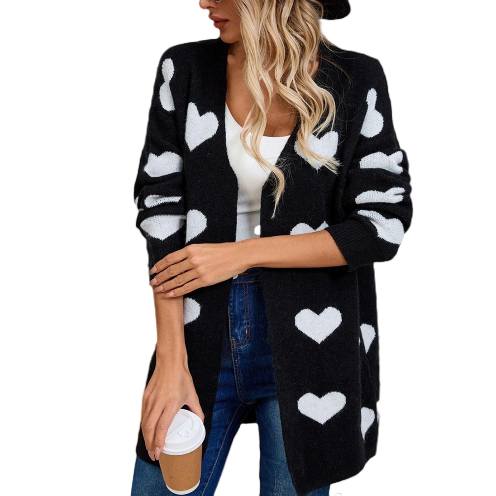 Huresd Heart Cardigans Women Valentine Cardigan Oversized Cute Love Print Sweater Cardigans ...