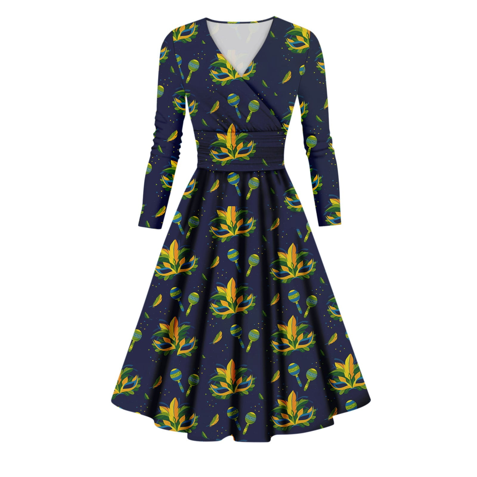 Huresd Mardi Gras Midi Dress Women Long Sleeve Feather Mask Print ...