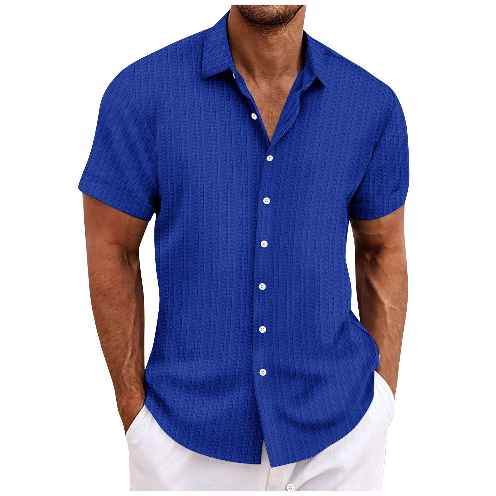 Huresd Men's Casual Stylish Short Sleeve Button-Up Striped Dress Shirts ...