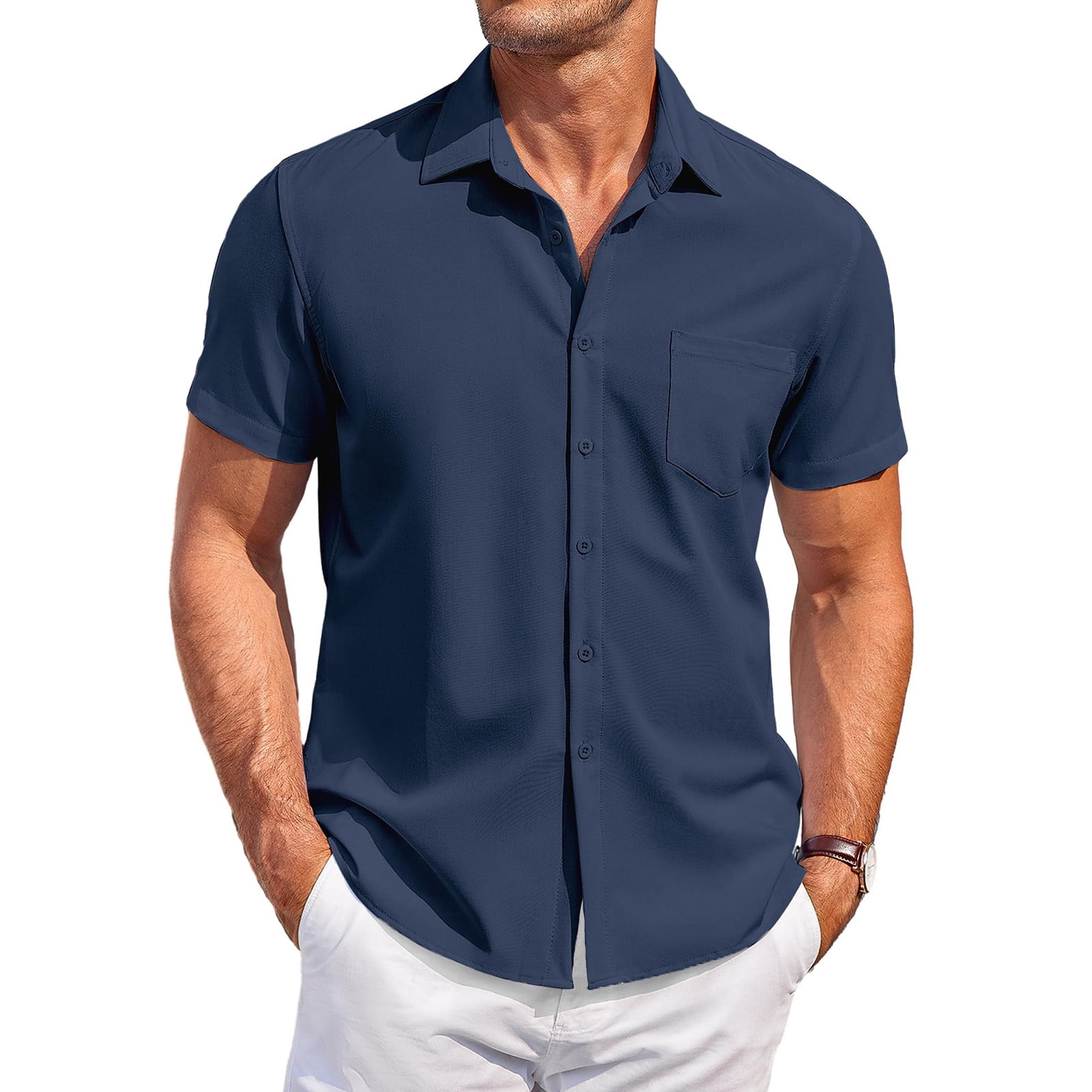 Huresd Men's Wrinkle Free Untucked Cuban Shirt Business Casual Button ...