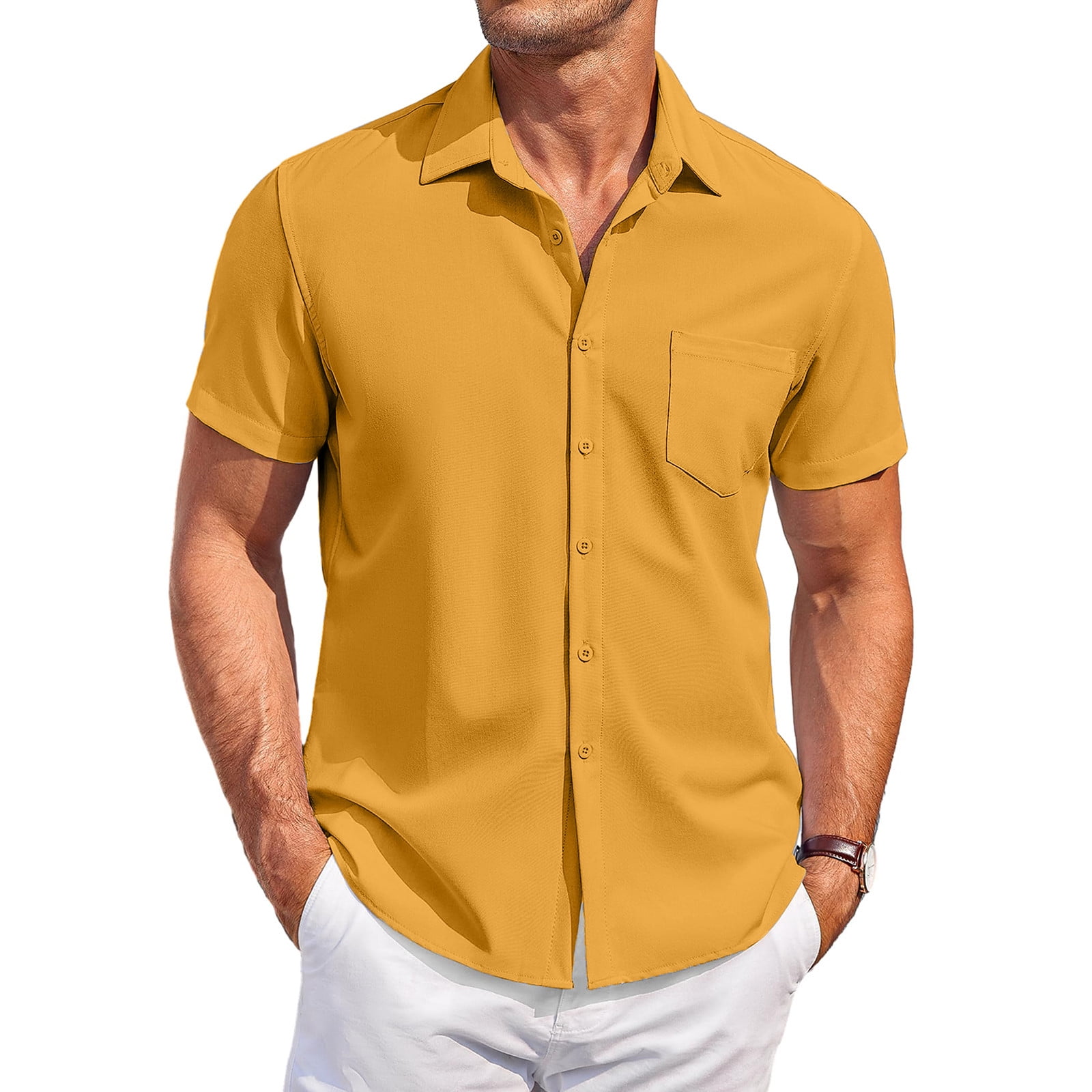 Huresd Men's Wrinkle Free Untucked Cuban Shirt Business Casual Button Down Shirts Short Sleeve ...