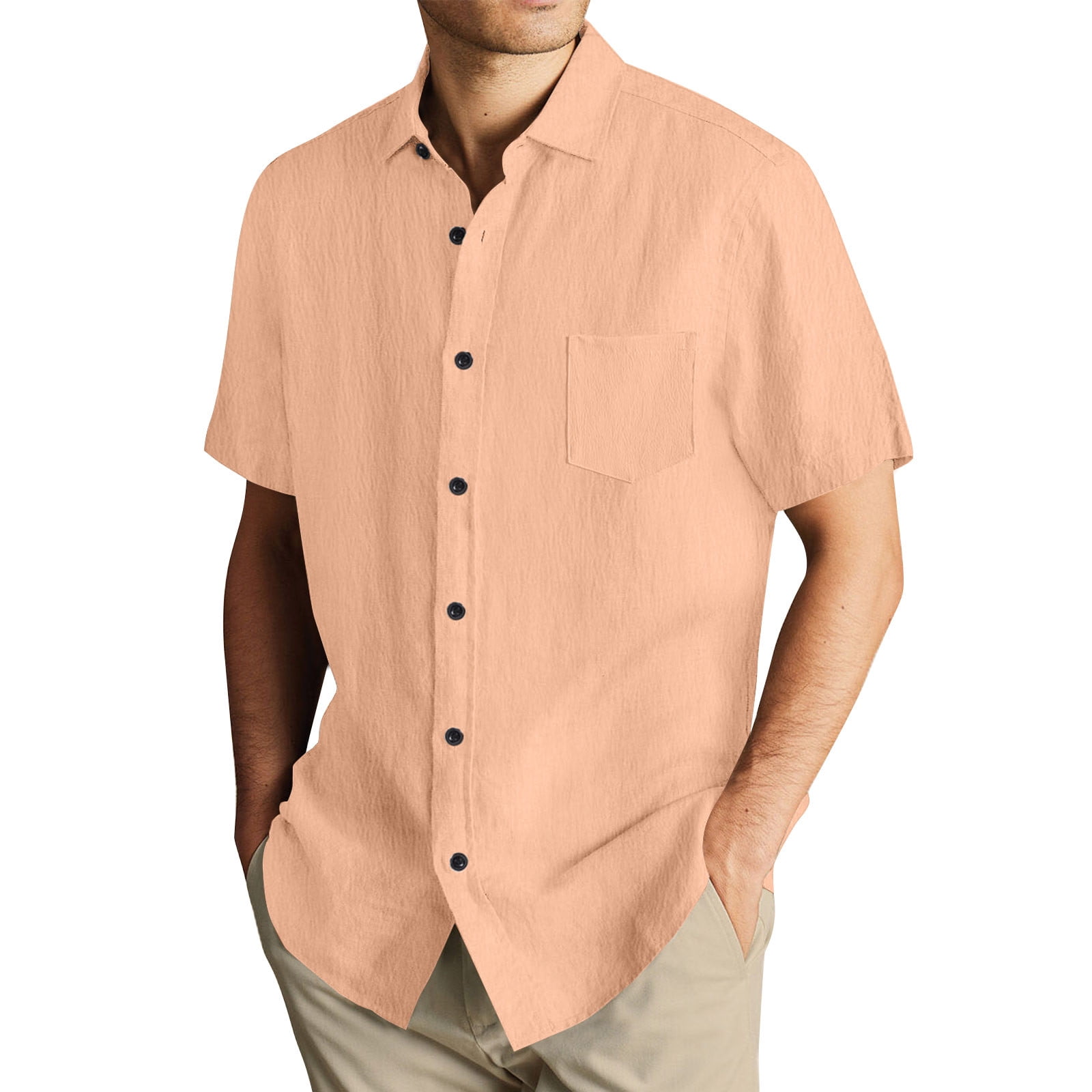 Huresd Mens Button Down Short Sleeve Shirt Cotton Linen Wrinkle Free ...