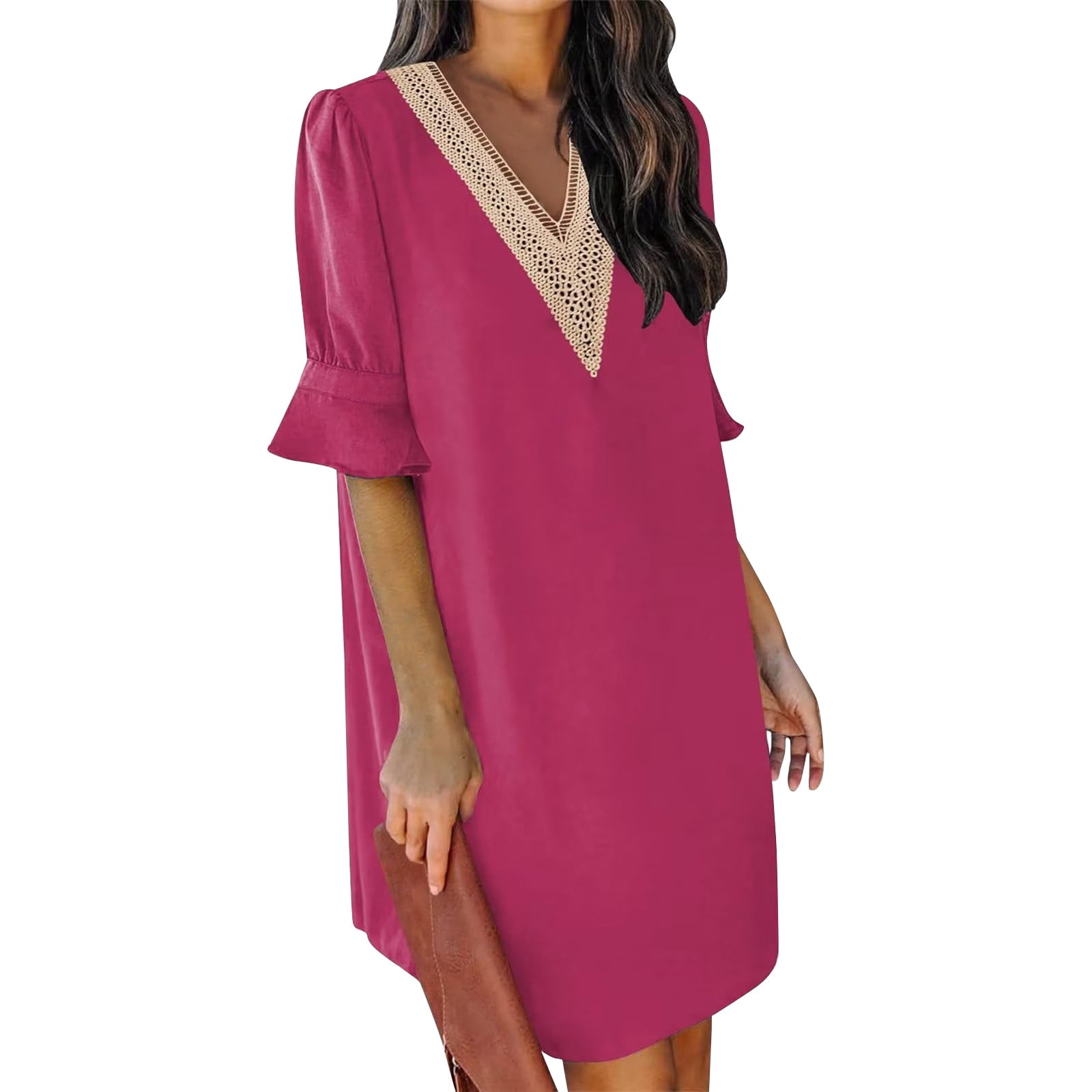 Huresd Sexy Summer Dresses For Women Mini Short Puff Sleeve Cool Fashion Solid Color V Neck Mini