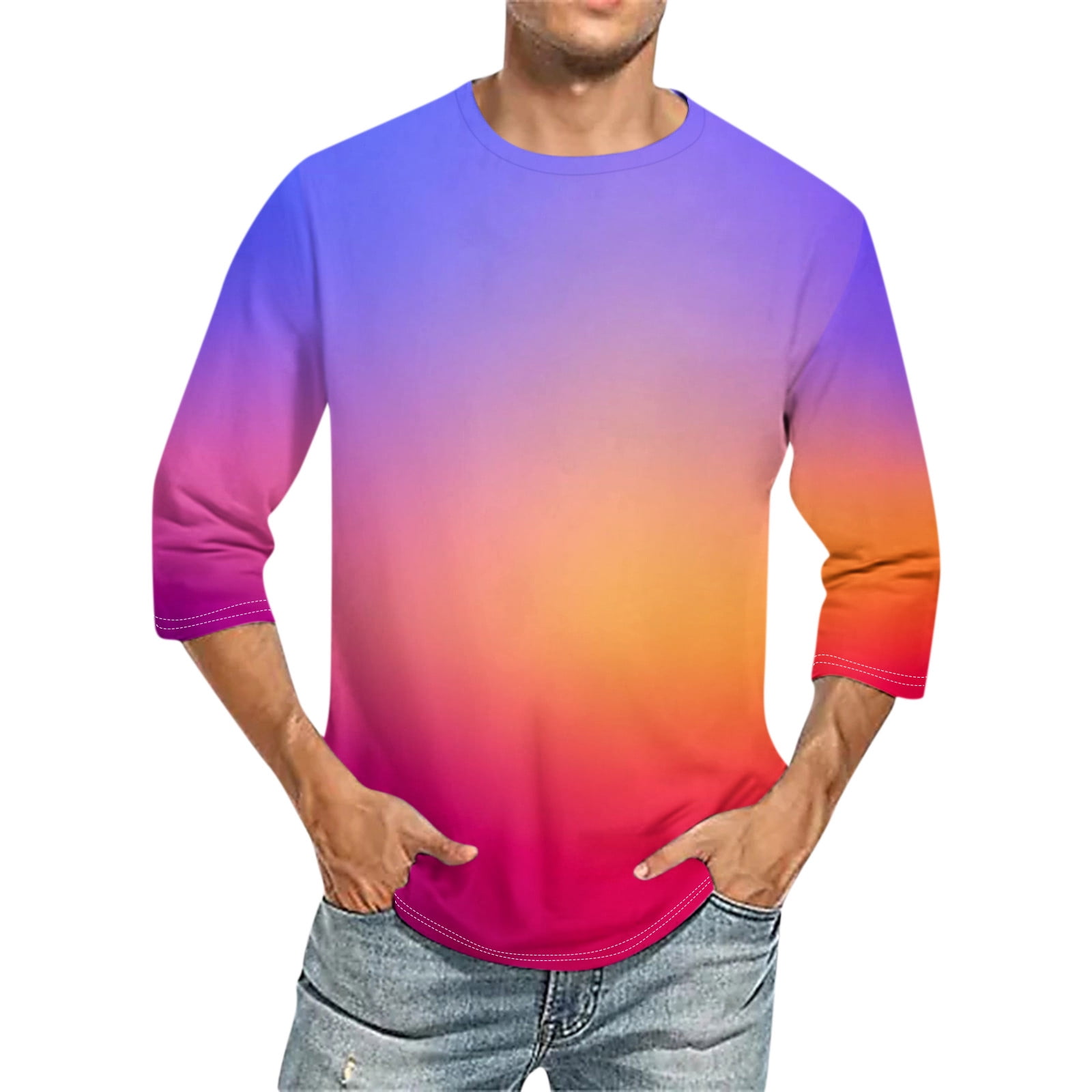 Huresd Summer Shirts for Men 3/4 Sleeve Crew Neck T-Shirt Casual Loose ...