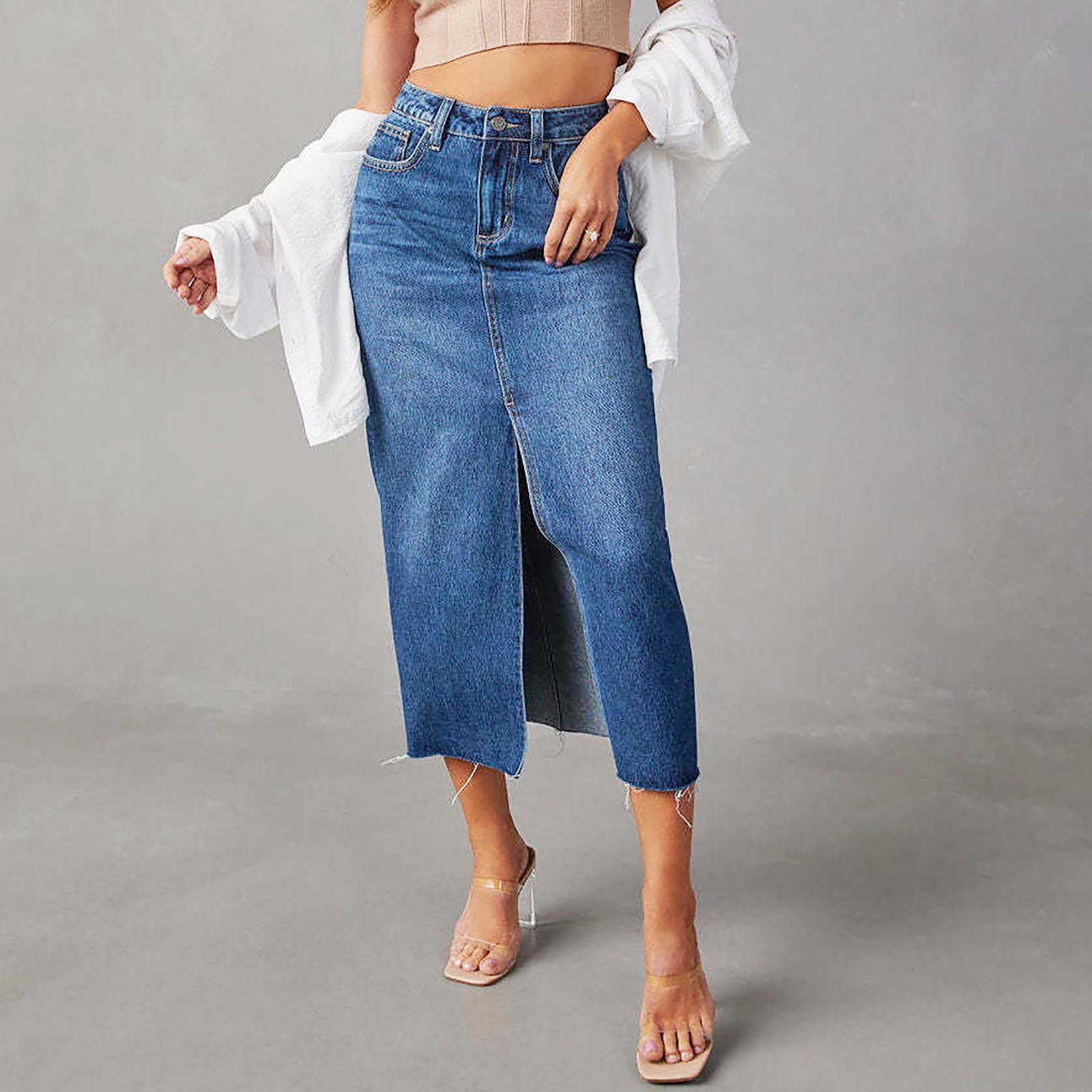 Huresd Women Long Denim Skirt Front Slit Maxi Skirt Y2K Fashion ...