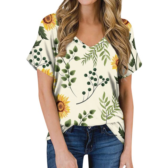 Huresd Womens Casual Short Sleeve Tops V Neck T Shirts Sunflower