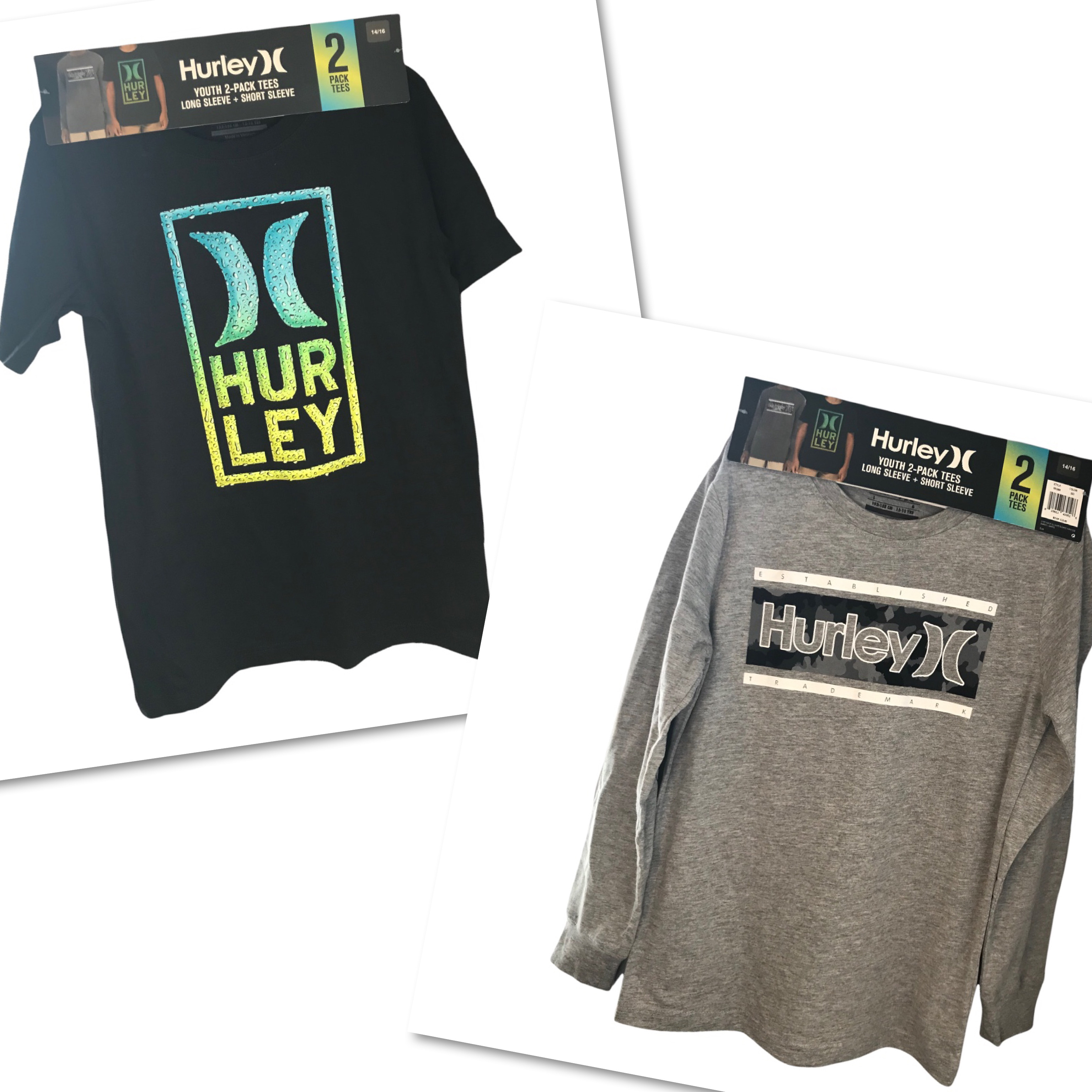 Hurley Boy's Classic Crew Neck Graphic Logo T-Shirt 2Pk (Black/Grey, 14 ...