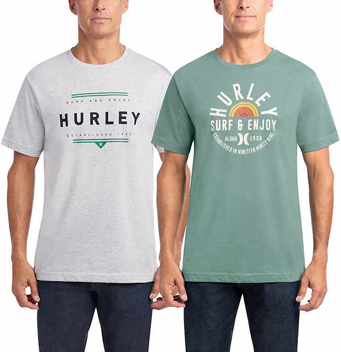 Hurley Men's 2 Pack Classic Graphic Tees (Green/Heather Grey, Medium ...