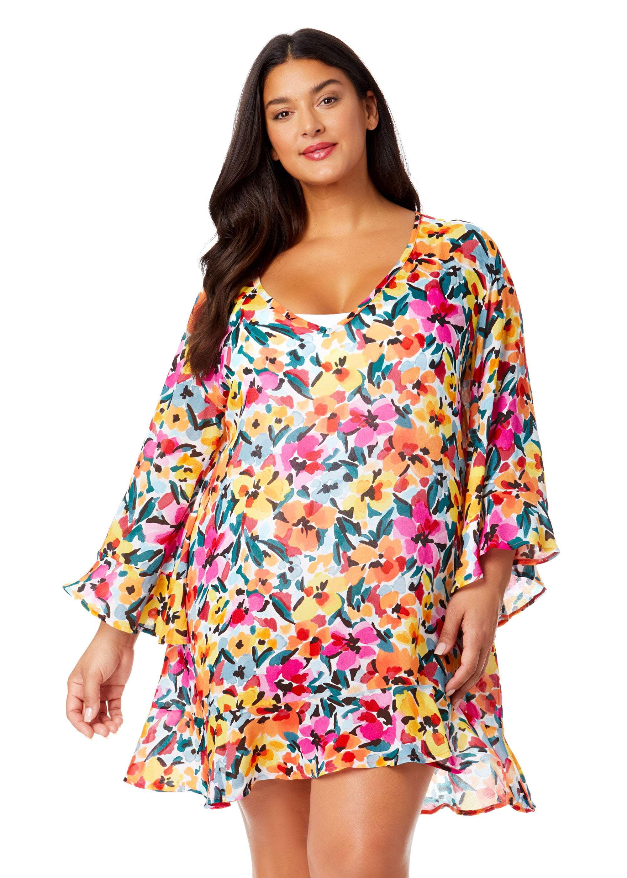 Women's Plus Gradient Floral Flounce V Neck Tunic Swimsuit Cover Up ...