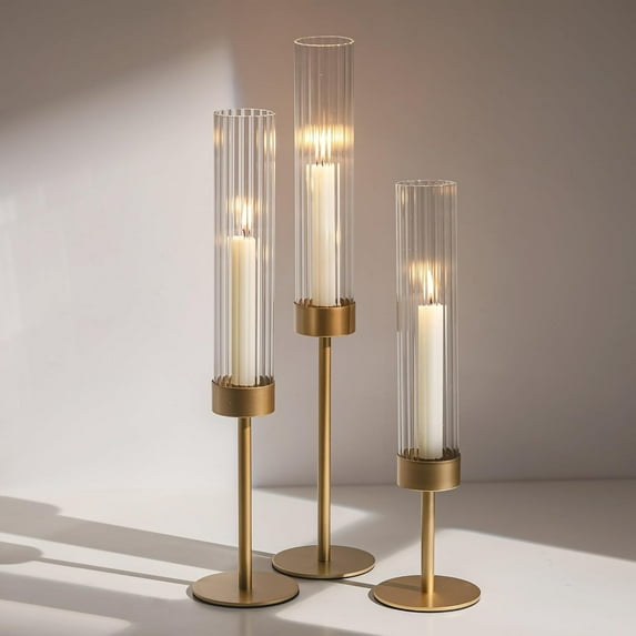 Hurricane Taper Candle Holders: 3 count Brass Candlestick Holders with ...
