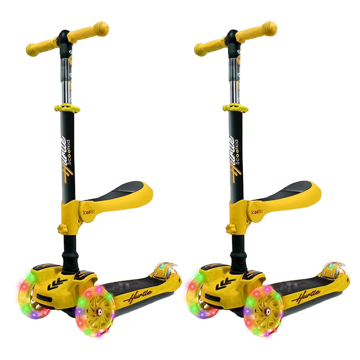 Hurtle ScootKid 3 Wheel Child Ride On Toy Scooter w/ LED Wheels, Yellow ...