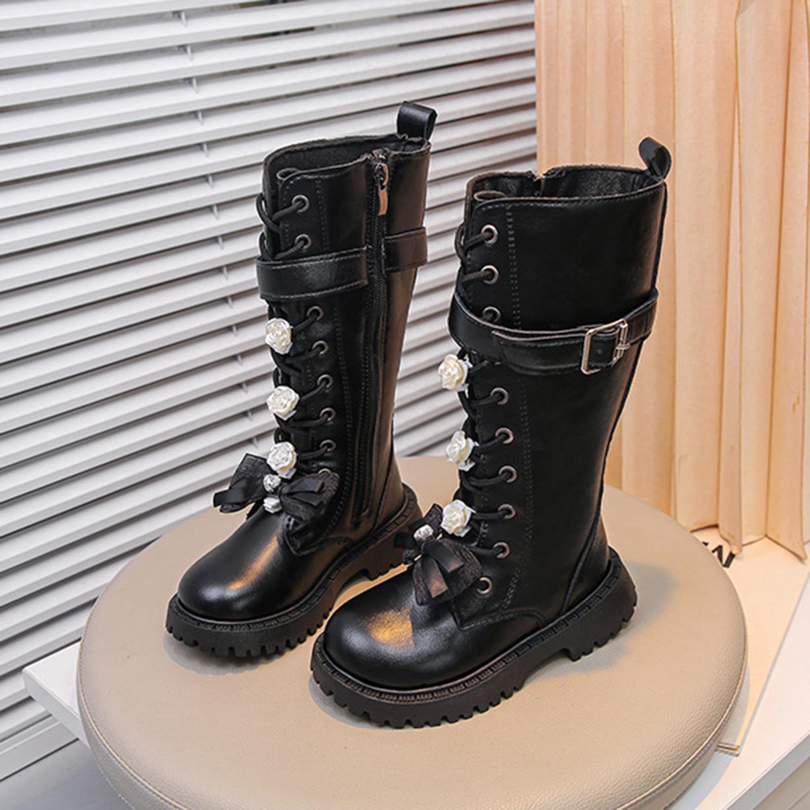 Hurxie Boots For Girls Fall Shoes Lace Up Riding Boots Mid Calf Combat ...