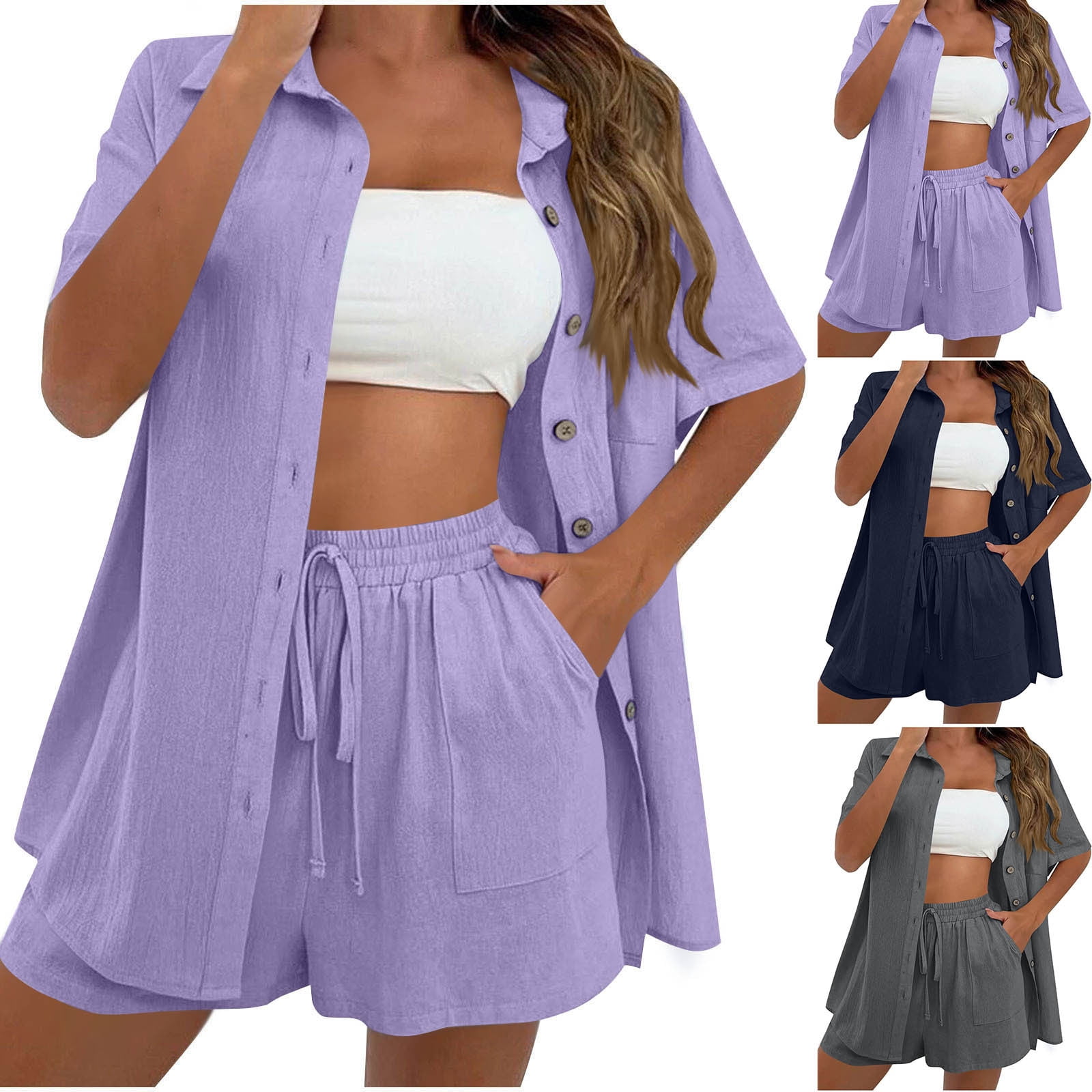 Hurxie Deals Linen Short Sets for Women Short Sleeve Top Shorts 2 Piece Summer Beach Vacation ...
