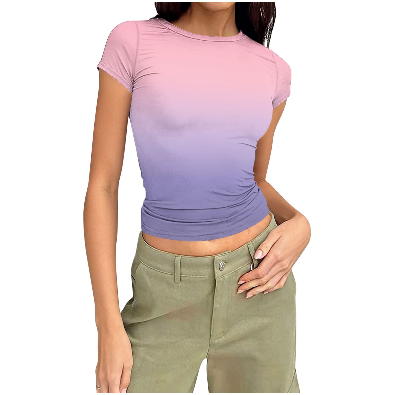 Hurxie Womens Basic T Shirts Summer Tops Crop Short Sleeve Slim Fit Tee ...