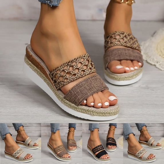 Hurxie Womens Platform Sandals Raffia Espadrilles Knit Chain Slip on ...